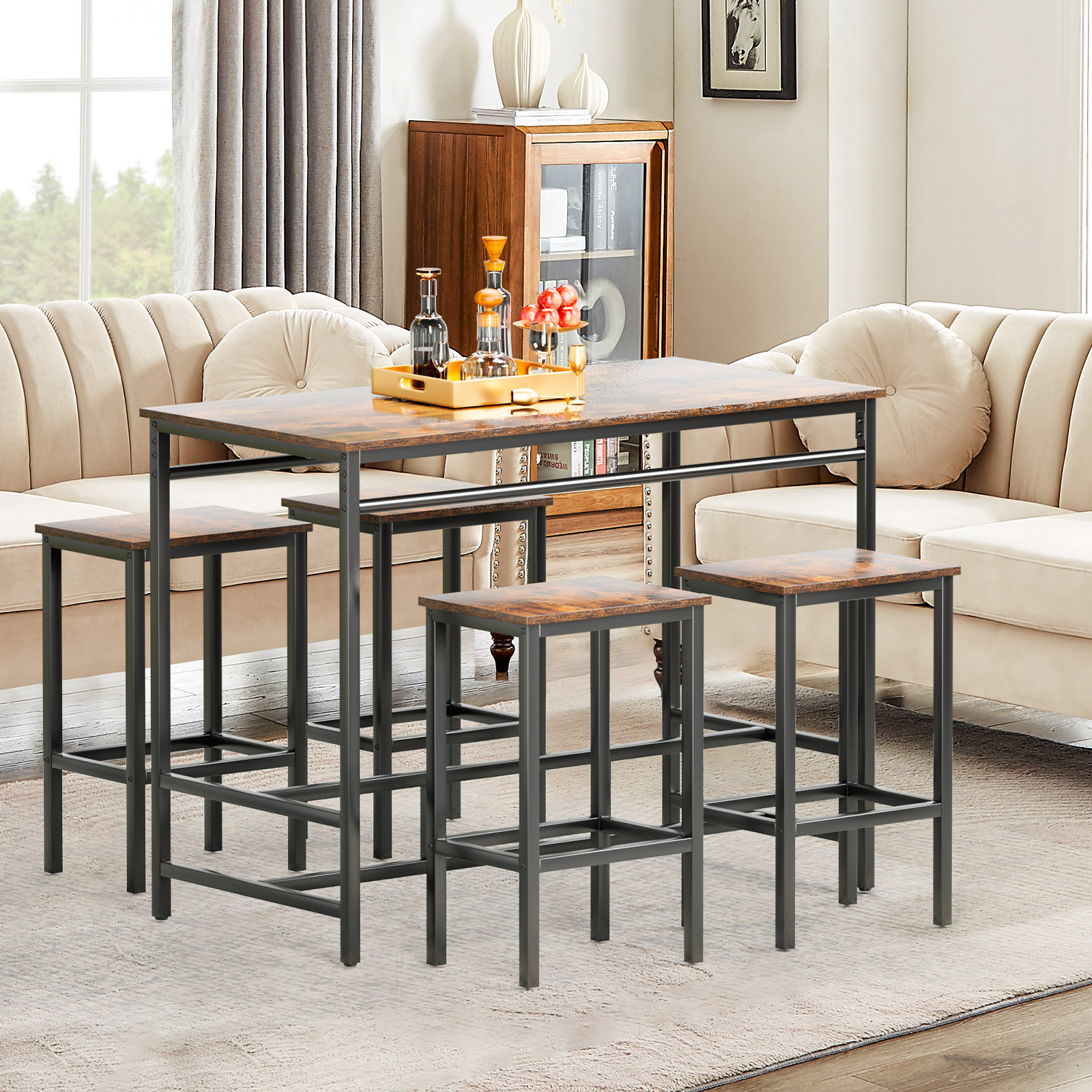 Latitude Run Kempton 5 Piece Bar Table Set Counter Height Tall Dining Table Chairs High Top Stools With Adjustable Feet Wood Top Metal Legs